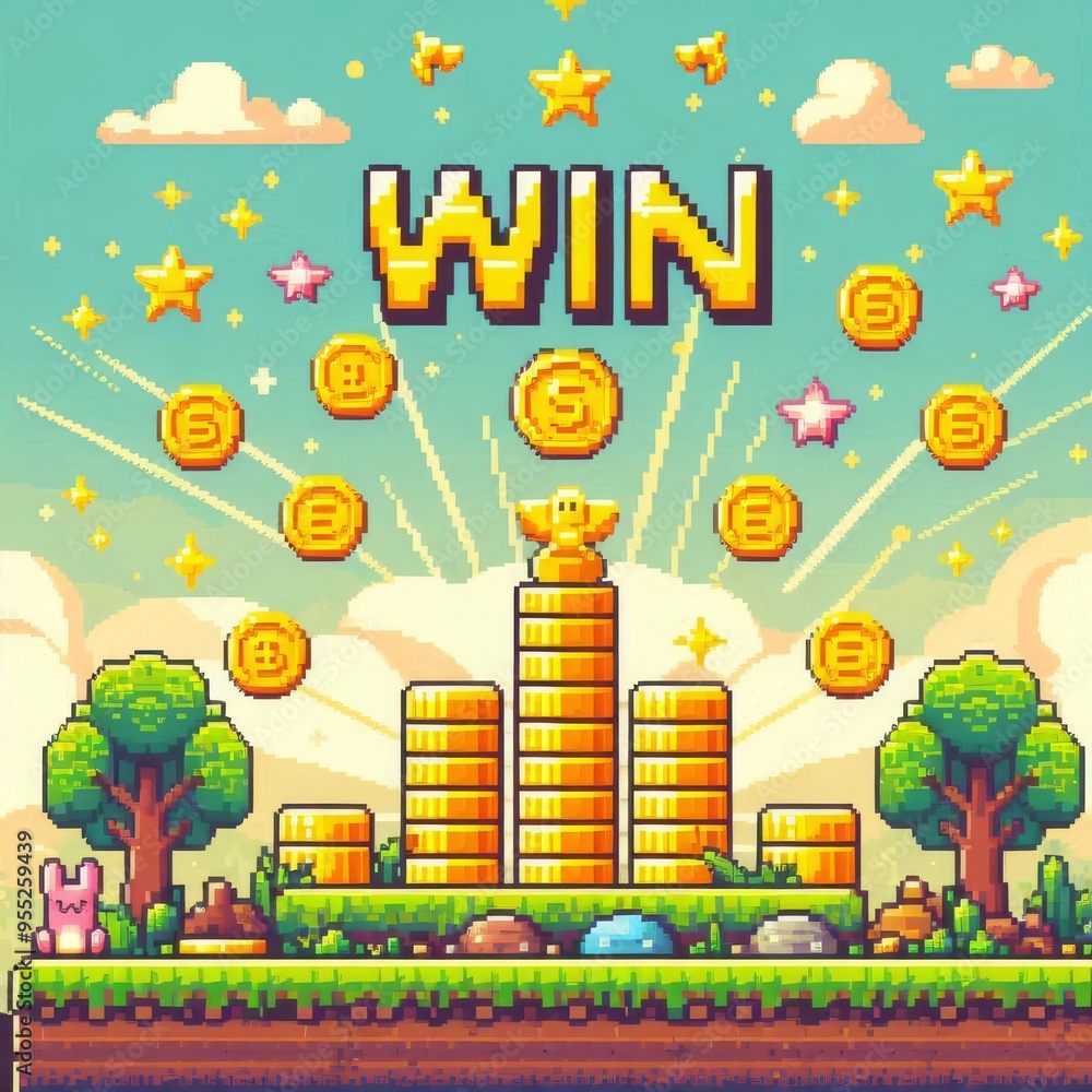 Pixel game art win background. Retro 8 bit video games screen, computer ...
