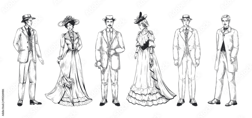 Vintage people. Victorian woman or man. 19th century clothing. Lady dress old sketch drawing ...