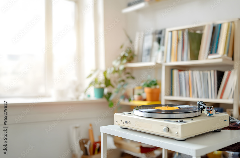 Modern minimalist living room with vintage turntable record player and ...