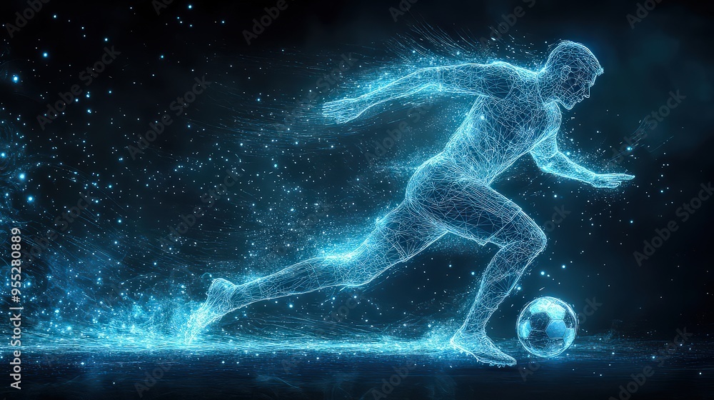digital representation of a futuristic soccer player running with the ...
