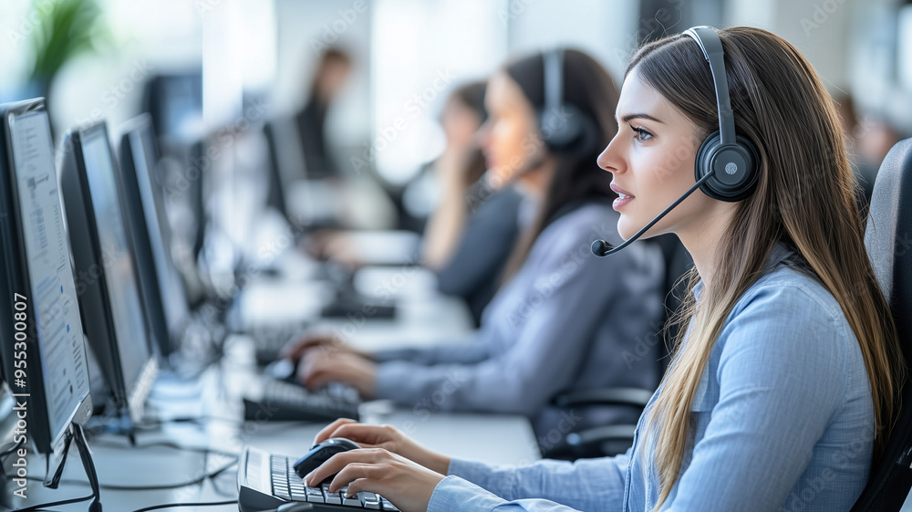 Foto de Stock A customer service representative handling multiple tasks ...