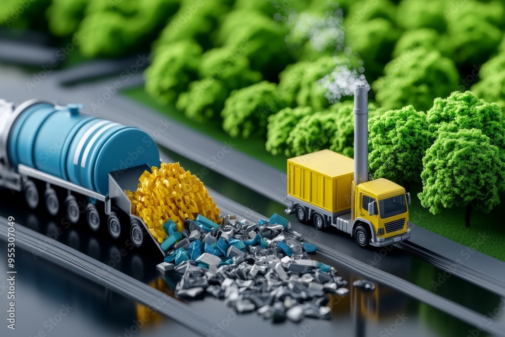 Garbage and environmental conservation are depicted in a detailed ...