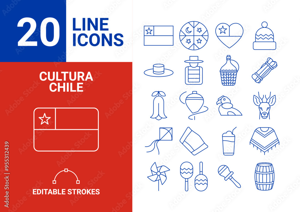 Set de 20 iconos de la cultura de Chile, simbolos patrios, comidas ...
