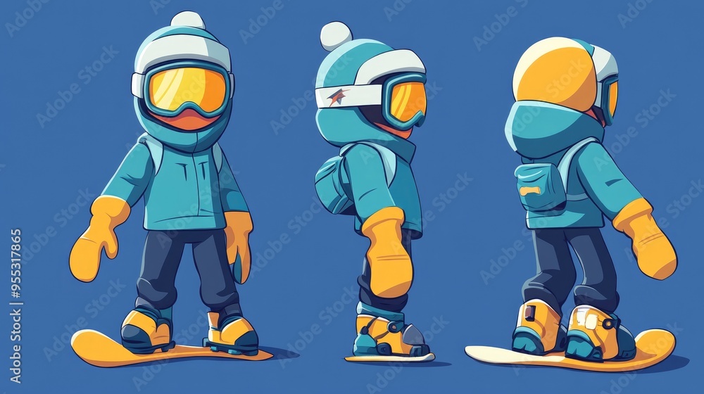 Cartoon mascot of a snowboarder equipped with gear featuring a unique ...