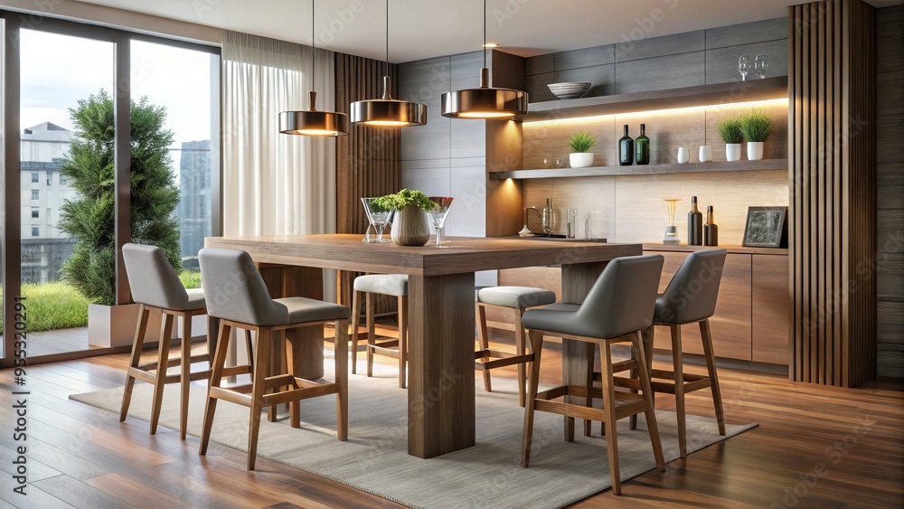 The modern dining room bar table boasts sleek lines, premium wood materials, and a sophisticated ...