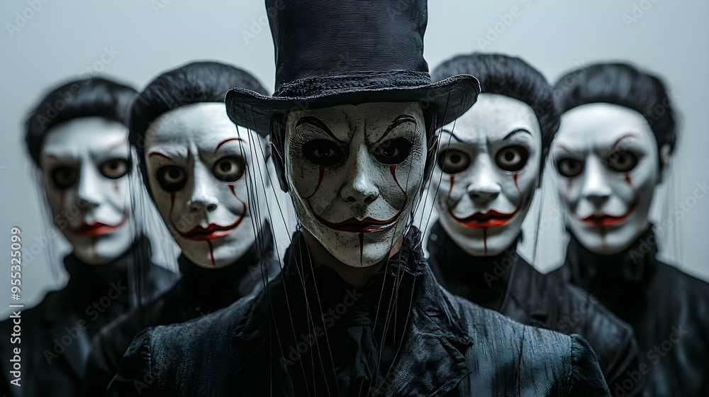 Sinister puppet master in control of creepy marionettes wearing ...