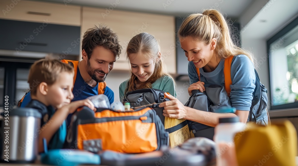 A family preparing an emergency kit for natural disasters, emphasizing ...
