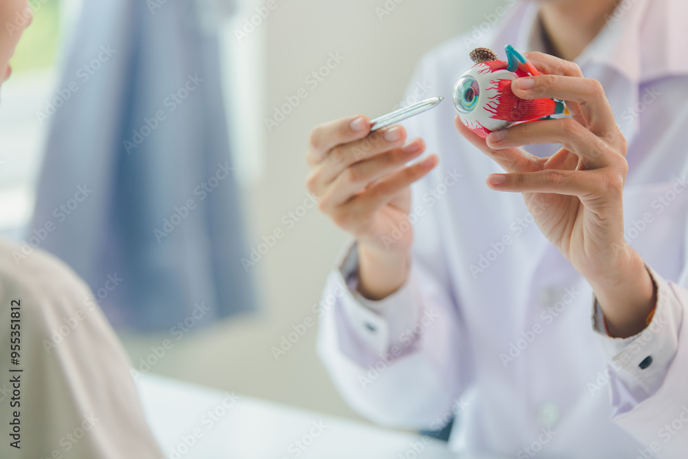 Ophthalmologist using anatomical model of eye to explain to patient ...
