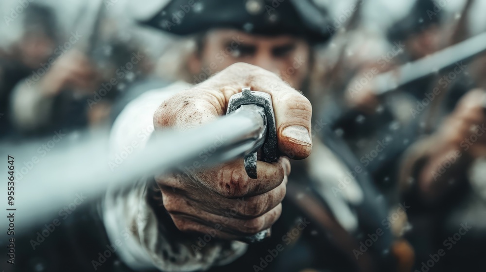 This intense close-up image shows a person pointing a sword directly ...