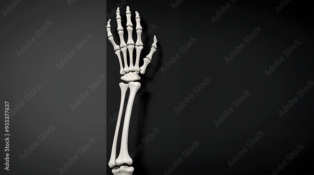 Human forearm and hand bones shown in detailed anatomical pose ...