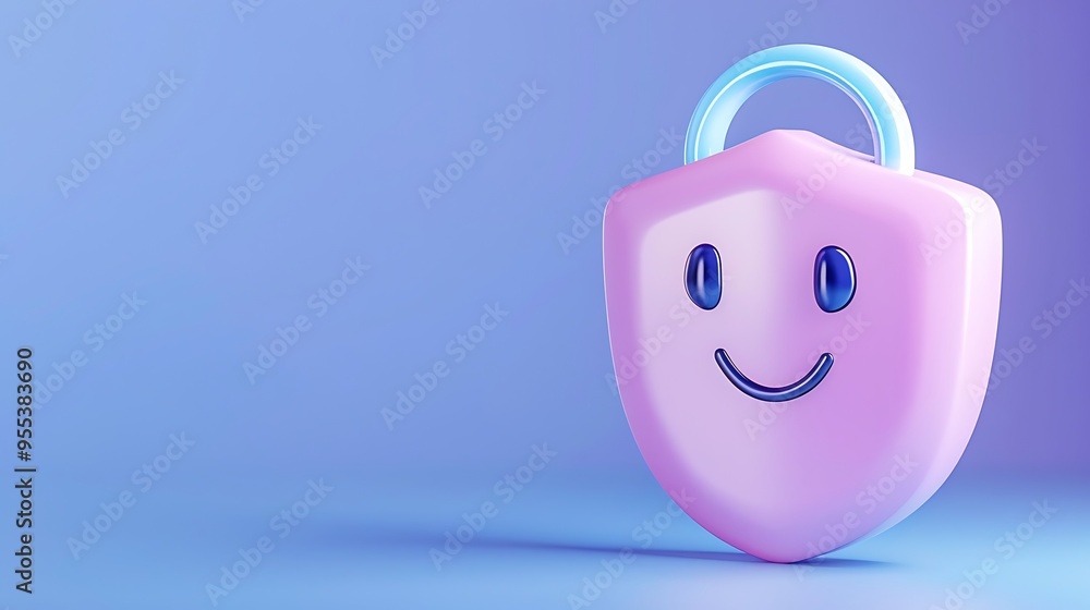 Cute pink shield with a smiley face on a blue gradient background ...