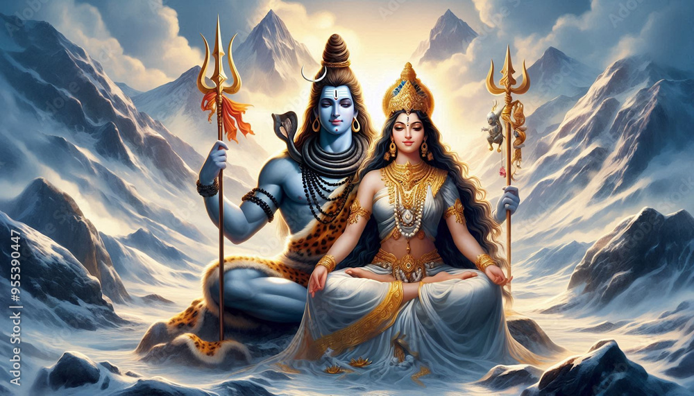 Hindu god Shiva or shiv with Parvati meditating on Mount Kailash in the Himalayas Stock Photo ...