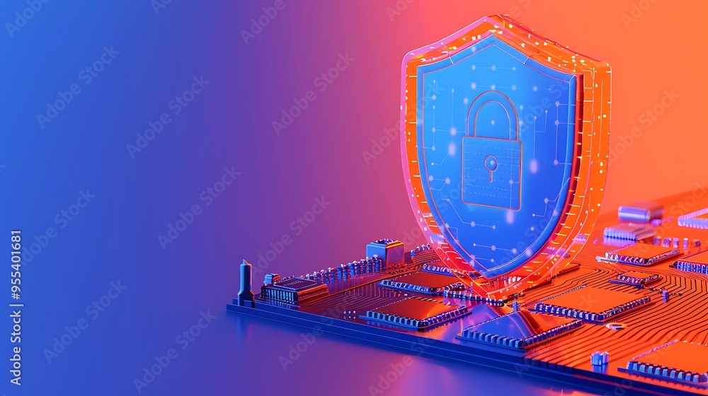 Digital security shield on a motherboard illustrating cybersecurity and ...