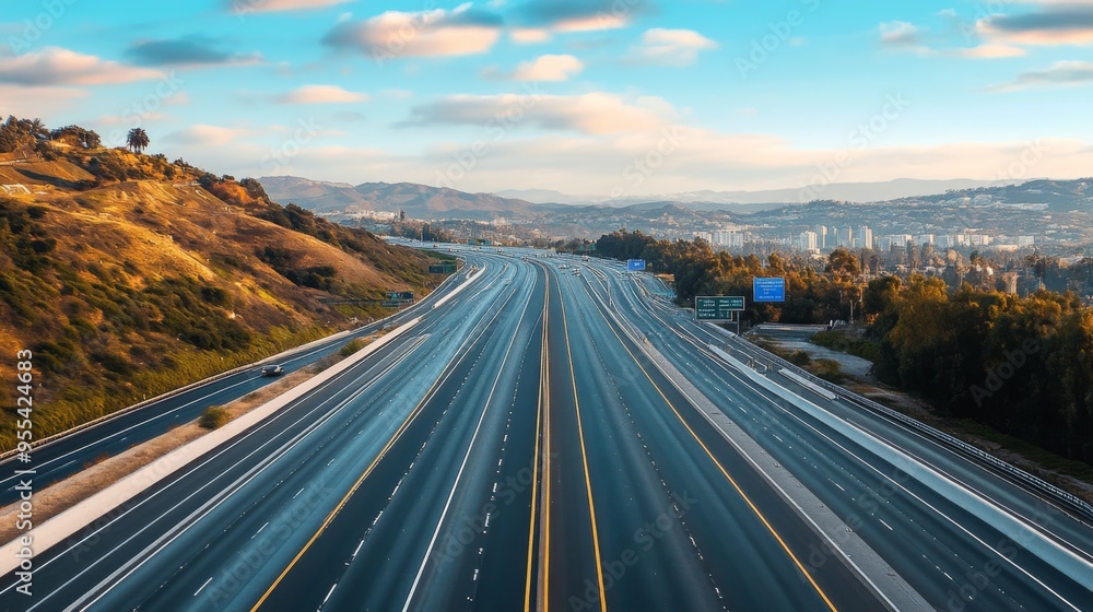 An expressway with clear lane markings and road signs, set against a ...