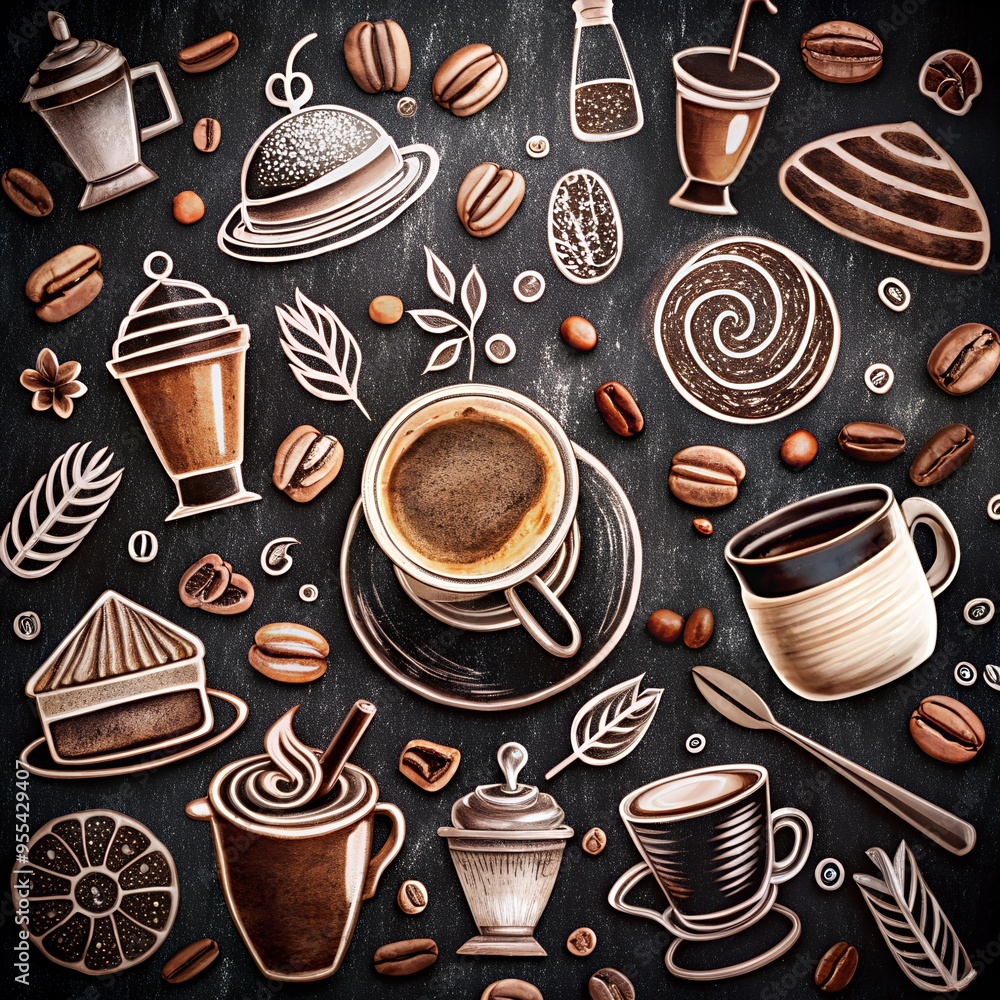 realistic coffee background with household items for making fragrant ...