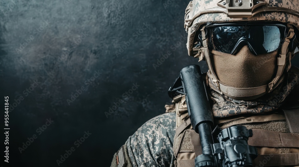A heavily armored soldier stands ready with a rifle in hand, showing ...