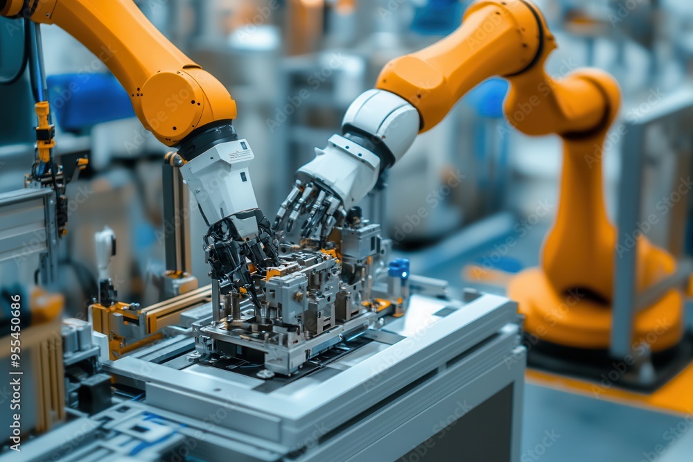 Industrial robot arms assembling components in a modern factory. Automation enhances precision ...