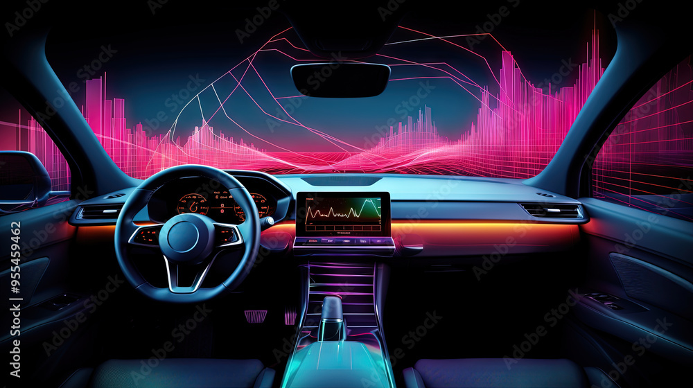 Futuristic car dashboard with graphs and bars for measurement and ...