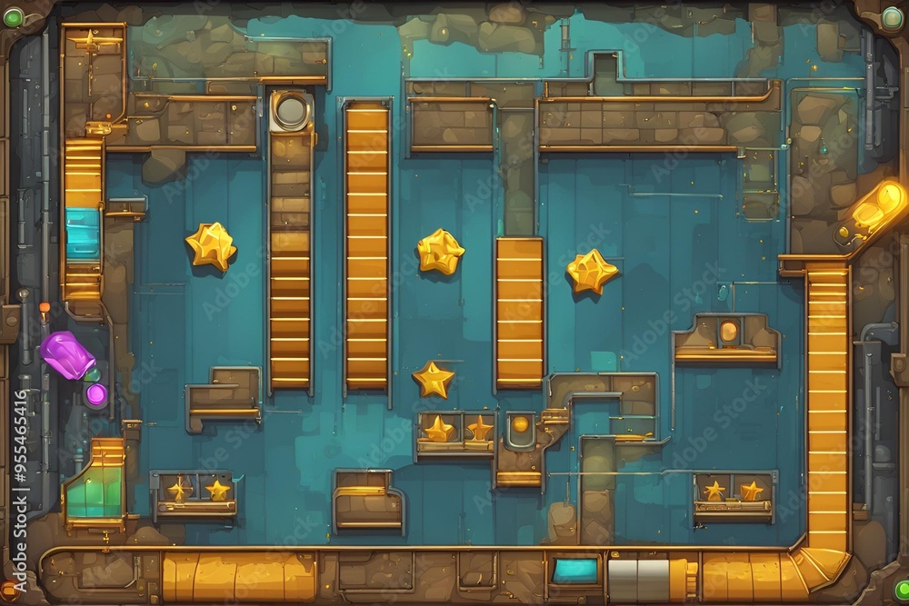 A retro arcade game level map interface with underground factory ...
