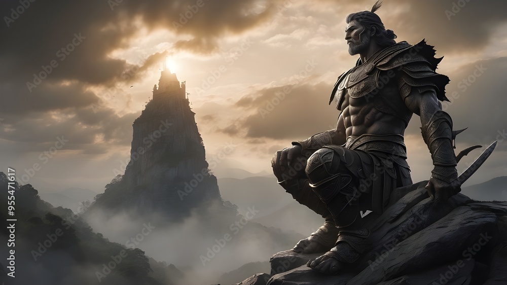 "A towering statue of a warrior, forged from pure iron mettle, stands ...