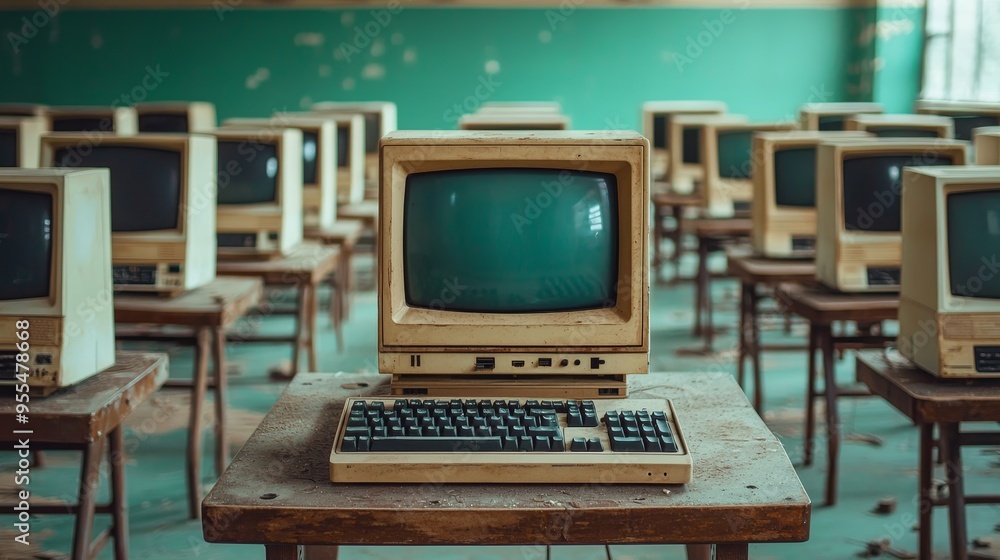 Stock-Illustration „Vintage Computer in an Abandoned Classroom, Row of ...