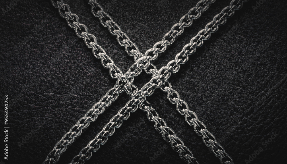 Crossed chains on textured black leather background creating a ...