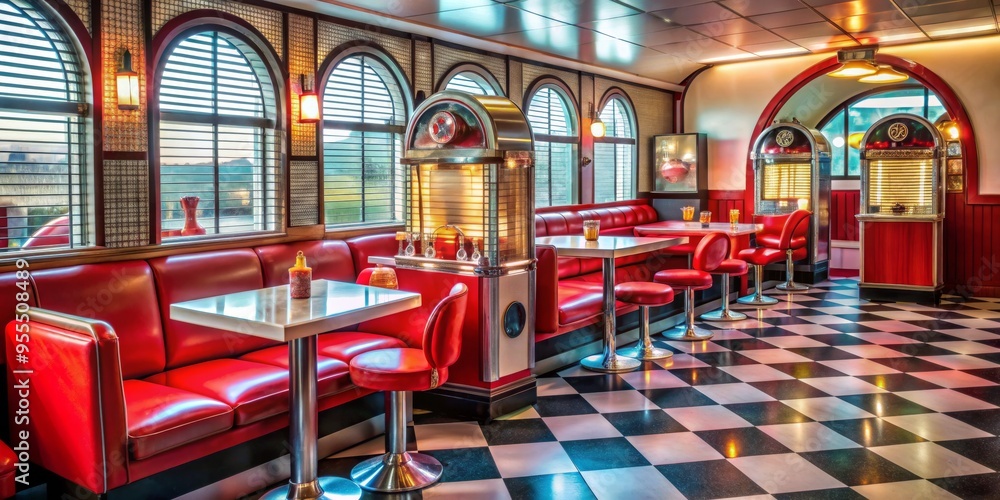 Retro Diner Booth with Jukebox, Red Booths, Checkered Floor, Vintage ...
