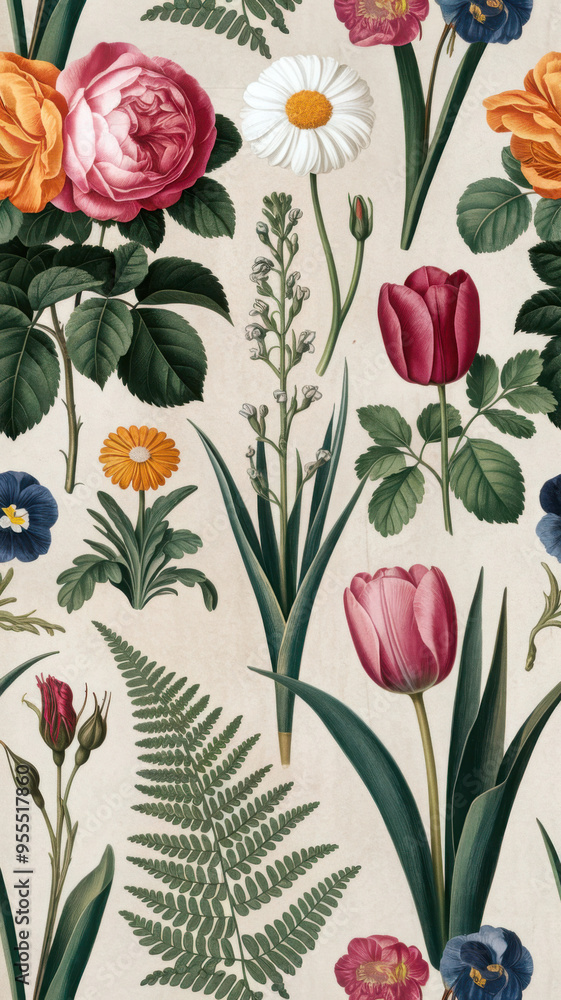 vintage botanical illustration, antique floral wallpaper, retro nature ...
