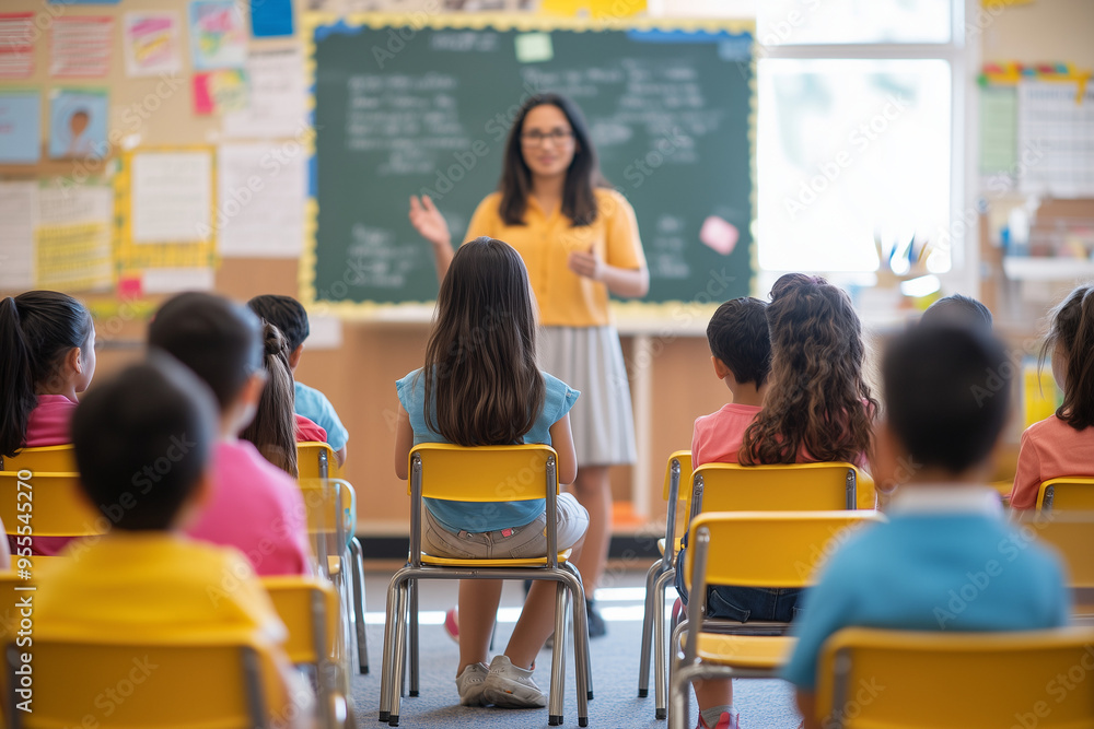 First day at school. Female teacher doing an introduction lesson. Copy ...