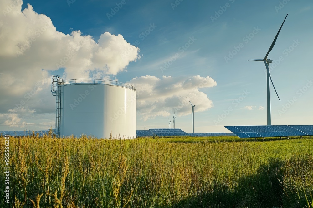 Hydrogen energy storage tank at a clean electricity facility powered by ...