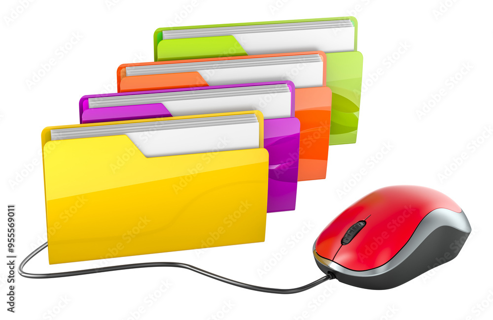 Computer folder icons with computer mouse, 3D rendering isolated on ...