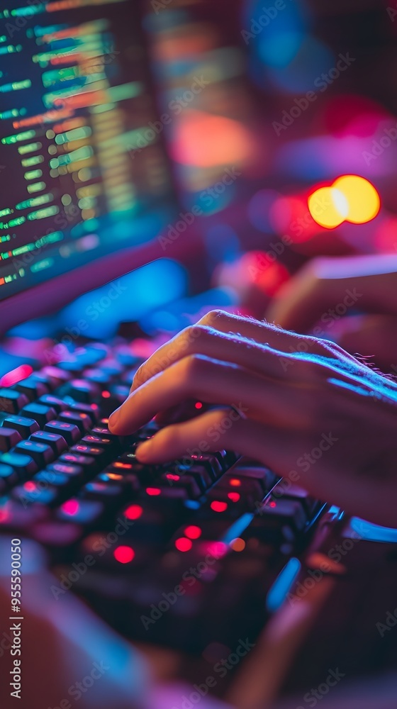 Hands Typing on Vintage Mechanical Keyboard with Multiple Coding Screens Displayed Stock Photo ...
