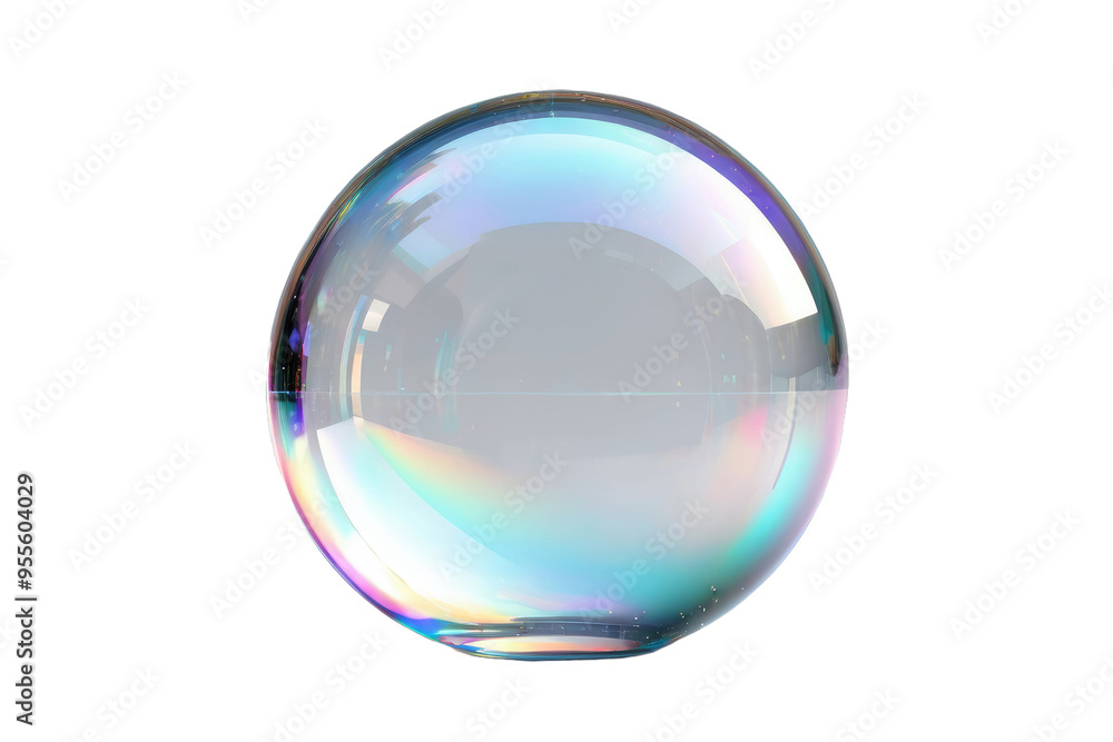 Crystal glass bubble featuring refraction, holographic shimmer, suspended in isolation against a ...
