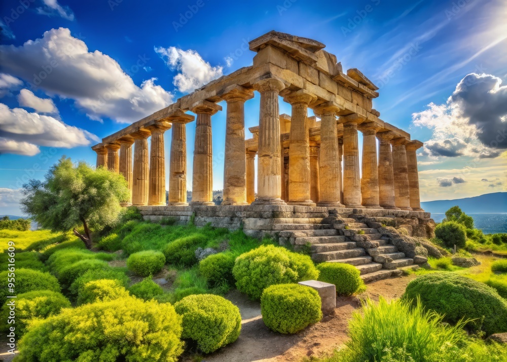 Ancient Greek temple ruins stand majestically amidst lush greenery and ...