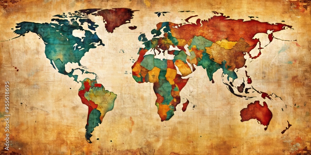 A vintage-styled world map with colorful continents and oceans ...