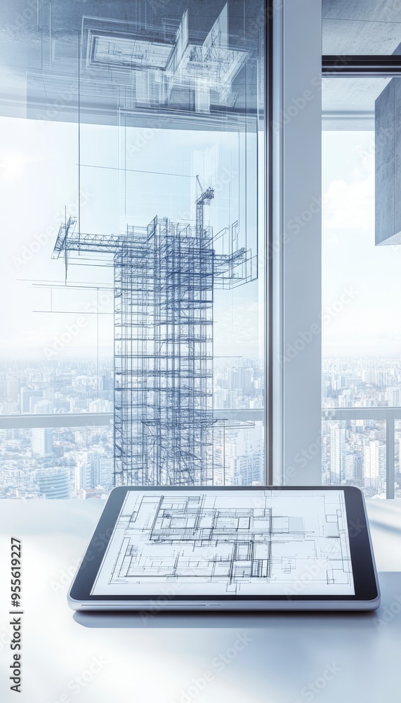 Tablet displaying high rise building blueprints with holographic tower ...