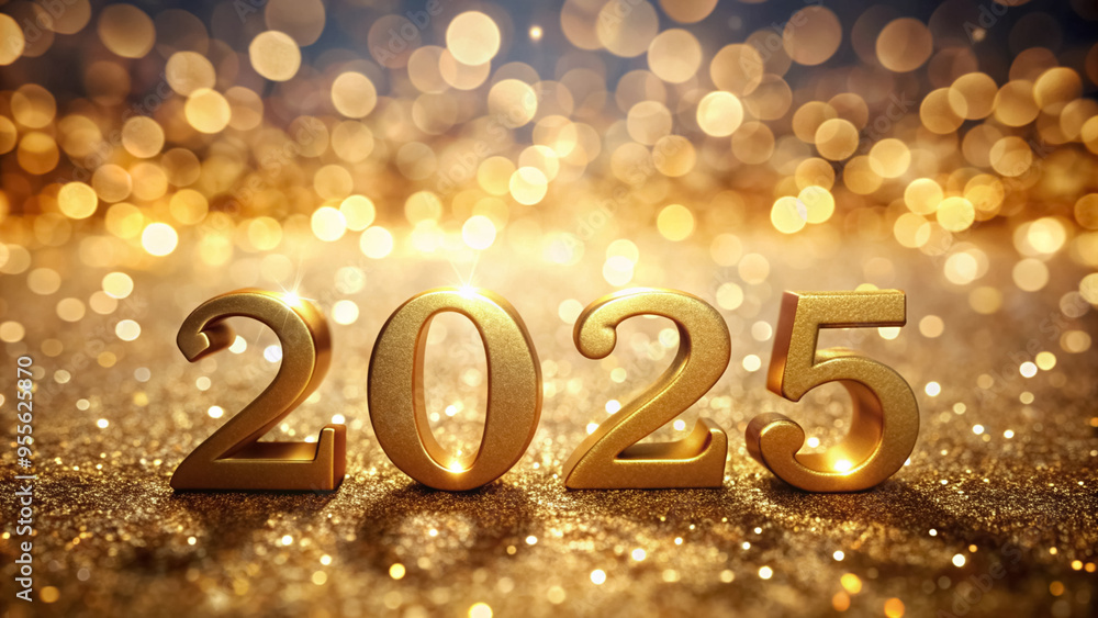 Golden numbers 2025 on a sparkling golden background with bokeh. Symbol of the 2025 new year ...