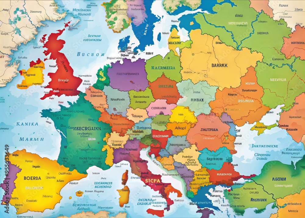 Vibrant colorful map of Eastern Europe featuring borders, capitals, and ...