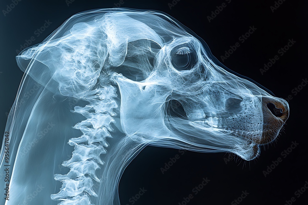 X-ray film of a dog's skull and neck, highlighting its skeletal ...