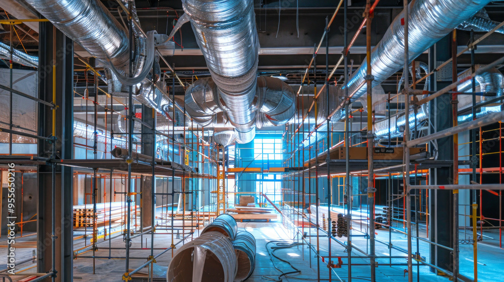 Construction site with installation of metallic air ducts and ...