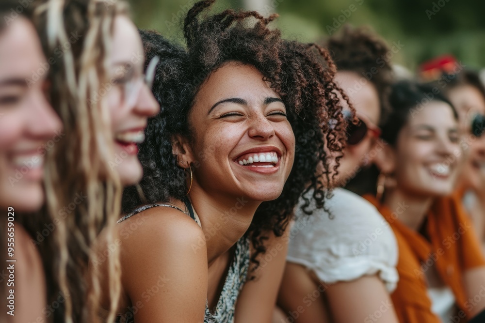 diverse group of friends sharing a joyful moment, smiling and laughing ...