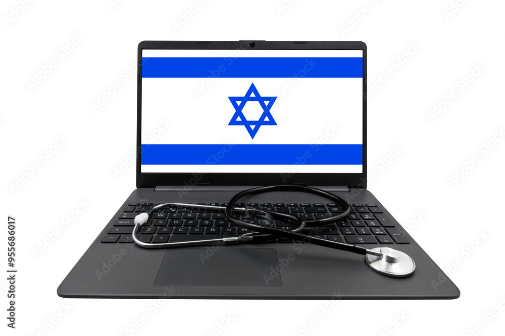 Laptop with Israel flag on screen and medical stethoscope on ...