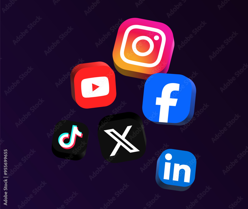 3d social media icons button. social media logo background , 3d youtube ...