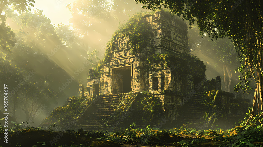 Ancient and overgrown mayan temple ruins in the jungle, lost place in ...
