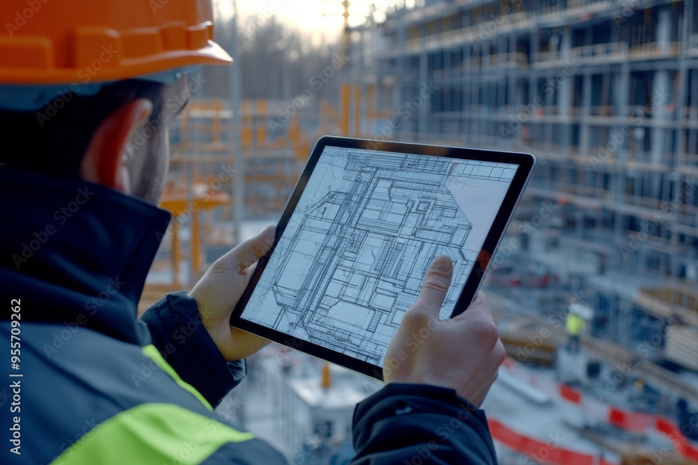 Foto de Stock Engineer on construction site downloads architectural ...