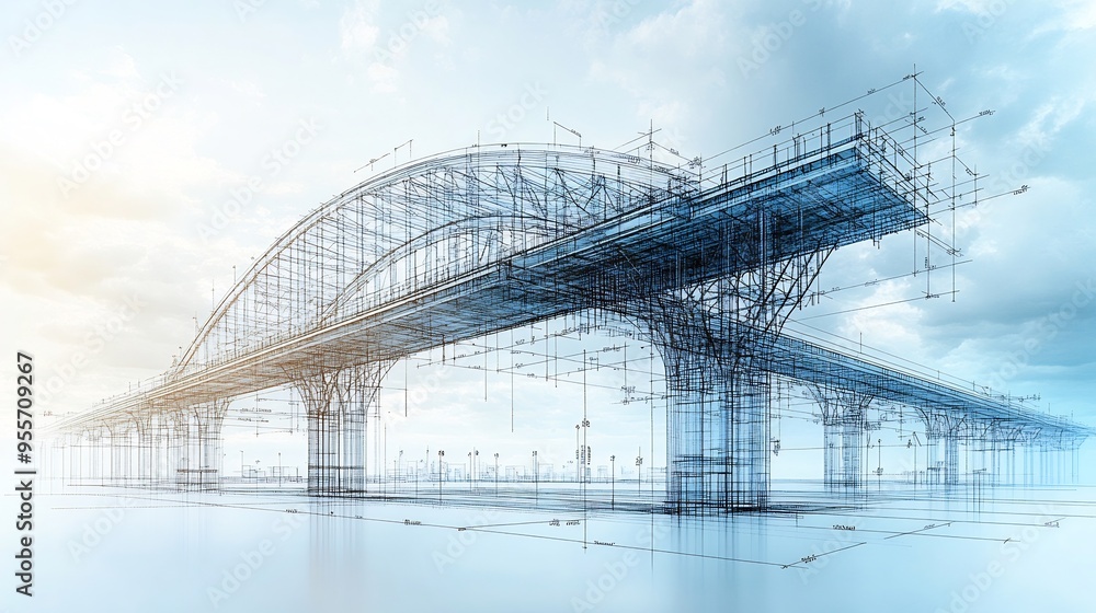 Blueprint of modern bridge with structural elements support details and ...