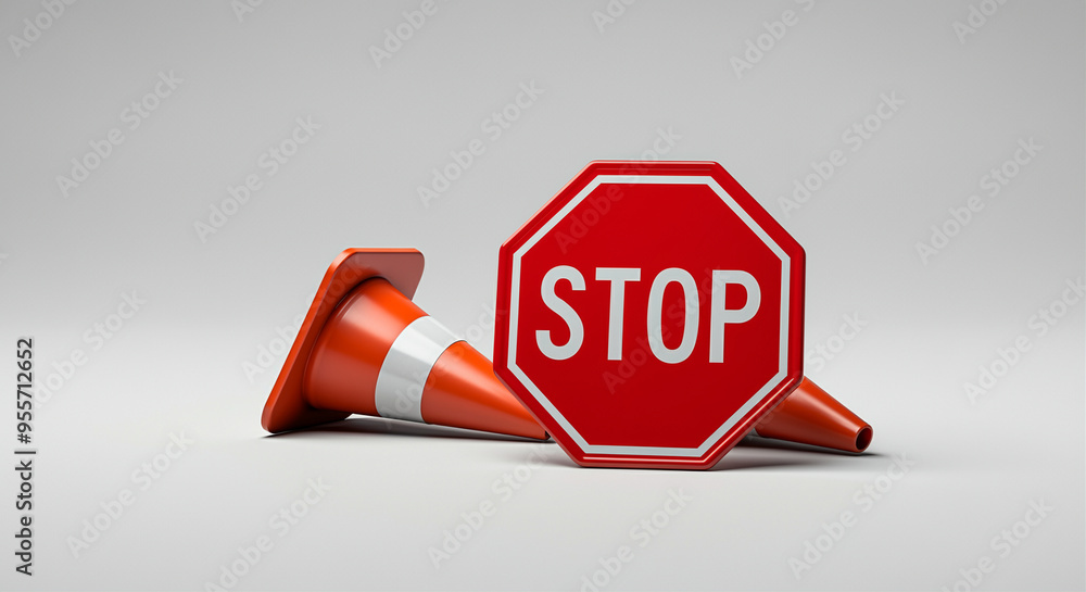 Traffic cone and stop sign with warning symbols for road safety Stock ...