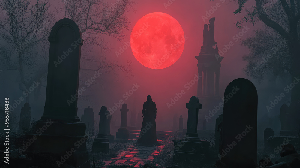 A chilling scene of a vampire illuminated by eerie blood-red moonlight ...