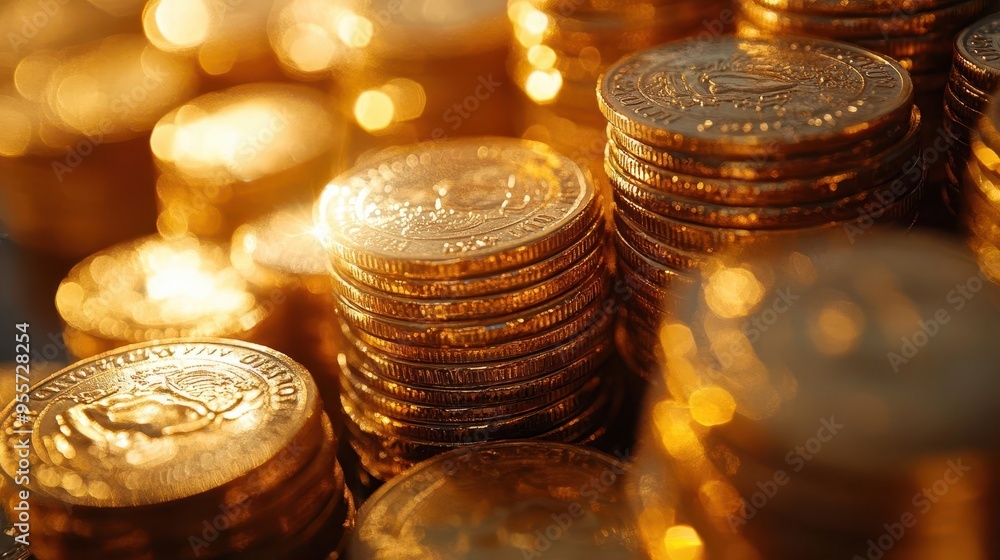 towering stacks of gleaming coins in various denominations closeup view ...