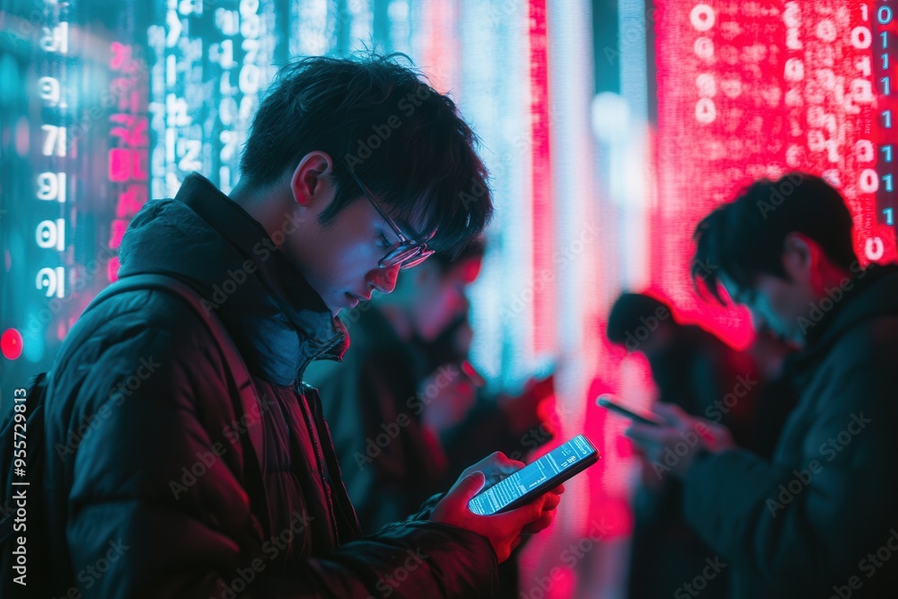 People with bowed heads are absorbed in their smartphones, surrounded ...